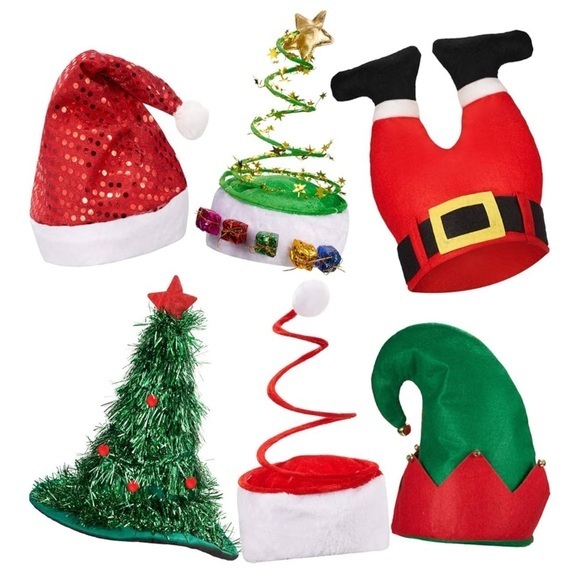 Other | Nwt Six Piece Christmas Santa Hat Tree Cap For Adults Festive ...